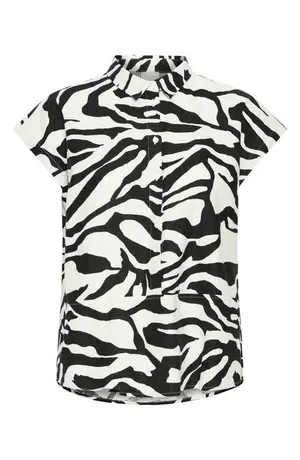ICHI Animal Print Linen Blend Top