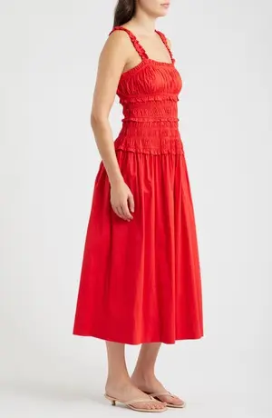 CECE DUPRAZ Ruffled Smocked Stretch Cotton Maxi Dress