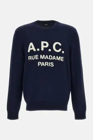 A.p.c. Long-sleeved Crew-neck Wool Sweater With Embroidered Logo - Blu