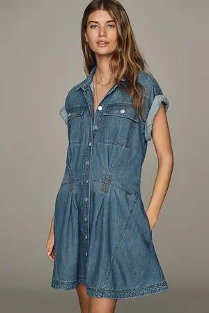 PILCRO Cotton Denim Mini Shirt Dress - Medium Denim