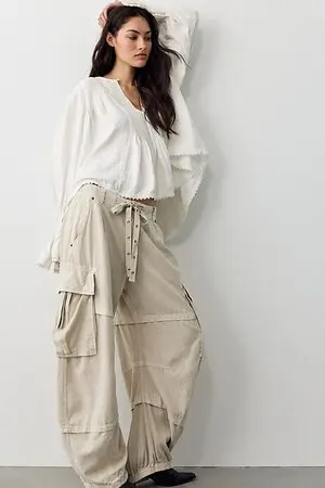 Free People Reef Curved Linen Cargo Pants - Birch