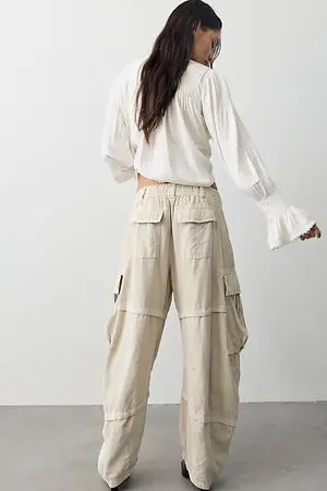 Free People Reef Curved Linen Cargo Pants - Birch