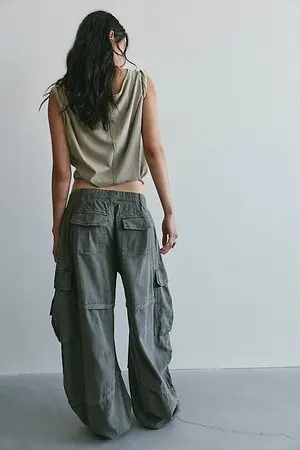 Free People We The Free Reef Curved Linen Cargo Pants - Forest Shadow