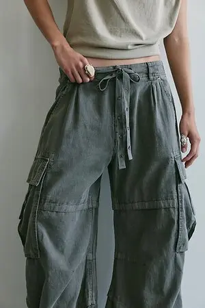 Free People We The Free Reef Curved Linen Cargo Pants - Forest Shadow