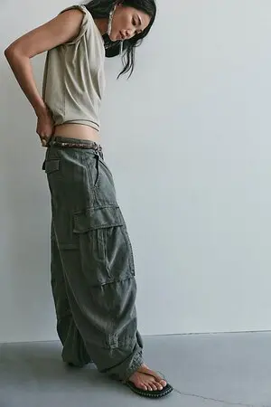 Free People We The Free Reef Curved Linen Cargo Pants - Forest Shadow