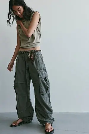 Free People We The Free Reef Curved Linen Cargo Pants - Forest Shadow