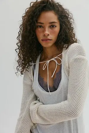 Free People Dafne Knit Cropped Bolero Sweater With Lace Detail - Ivory