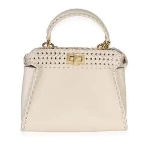 FENDI Fendi Cream Vitello King Interlace Mini Peekaboo Iconic Satchel