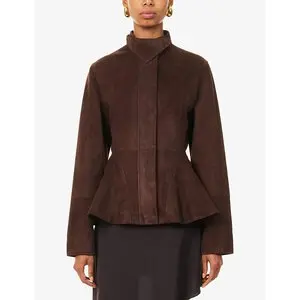 Alaïa Stand Collar Peplum Suede Jacket - Chocolat