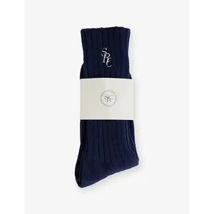 SPORTY & RICH Embroidered Rib-knit Crew Socks - Navy
