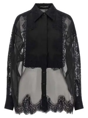Dolce & Gabbana Silk And Cotton Blend Shirt With Lace Inserts - Black