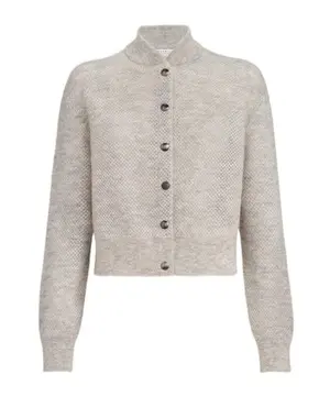Brunello Cucinelli Ribbed Mesh Knit Bomber Cardigan - Light Gray