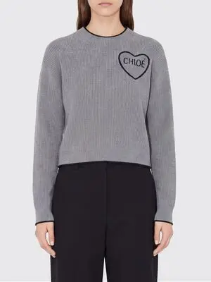 Chloé Logo Heart Intarsia Knit Sweater - Gray