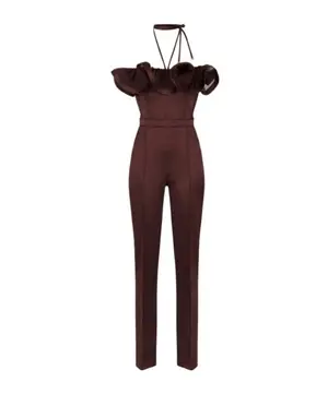 Elisabetta Franchi Maxi Ruffled Stretch Satin Jumpsuit - Cocoa