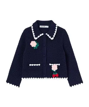 SELF-PORTRAIT Navy Crochet Knitted Cardigan - Black