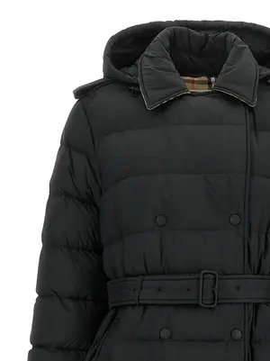 Burberry Double Breasted Belted Quilted Down Coat With Hood