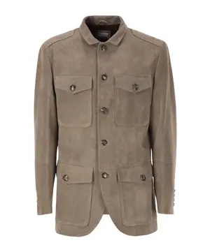 Brunello Cucinelli Suede Leather Safari Jacket With Patch Pockets - Gray