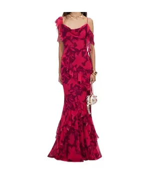 SELF-PORTRAIT Pink Floral Ruffle Maxi Dress - Red