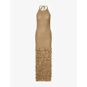 MALINA Elissa Halterneck Fringed Woven Maxi Dress - Sand