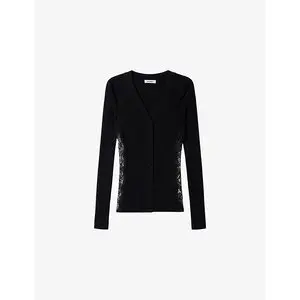Sandro V-neck Lace-panel Knitted Cardigan