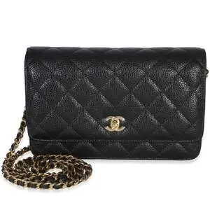 Chanel Quilted Caviar Cc Wallet On Chain Shoulder Bag - Black
