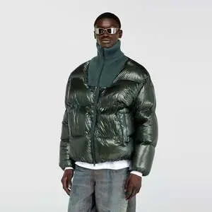 DIESEL® Down Puffer Jacket In Ripstop With Ribbed High Neck - Green