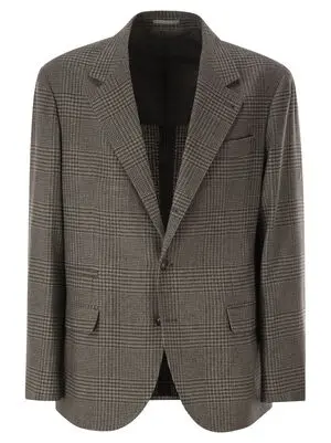 Brunello Cucinelli Prince Of Wales Wool And Cashmere Blazer With Tailored Construction - Gray