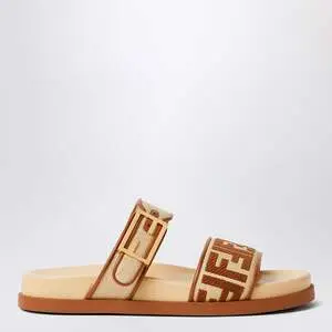 Fendi Raffia And Nappa Leather Slide Sandals With Ff Embroidery - Brown