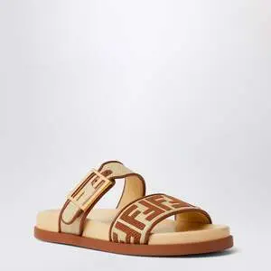 Fendi Raffia And Nappa Leather Slide Sandals With Ff Embroidery - Brown