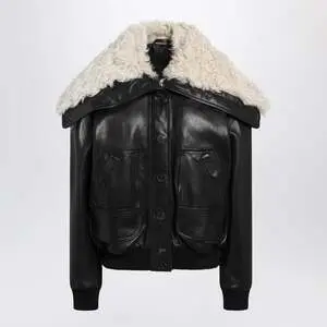 Attico Leather Bomber Jacket With Shearling Collar - Black