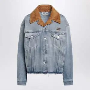 Miu Miu Washed Denim Jacket With Suede Collar - Blue