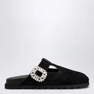 ROGER VIVIER Suede Crystal Buckle Mule - Black