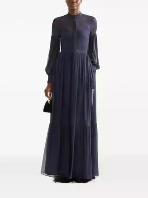Erdem Navy Silk Creponne Tiered Hem Maxi Skirt