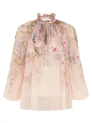 Zimmermann Gathered Floral Print V-neck Blouse - White