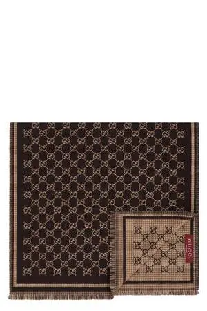 Gucci Wool Scarf With Gg Jacquard Design 47x180 Cm - Brown
