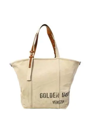 GOLDEN GOOSE Canvas Shopping Tote With Leather Inserts And Venezia Print - Ecru