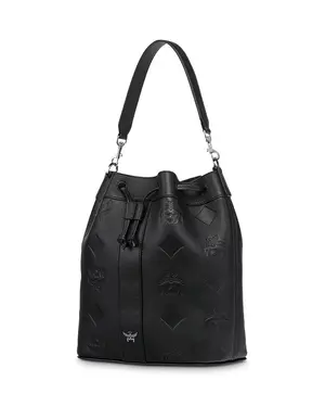 Mcm Dessau Maxi Monogram Leather Drawstring Bag - Black