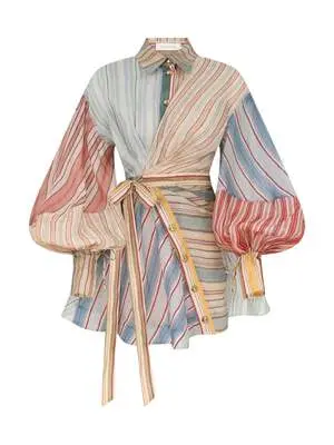 Zimmermann Rebellion Striped Linen Silk Mini Dress With Puff Sleeves - Multicolor