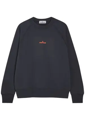 Stone Island Printed Cotton Crewneck Sweatshirt With Raglan Sleeves - Navy