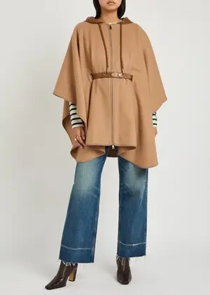 Moncler Belted Wool-blend Cape Coat With Drawstring Hood