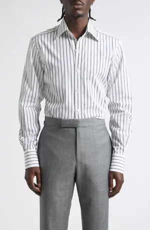 TOM FORD Classic Fit Stripe Cotton Poplin Button-up Shirt - Off White/black