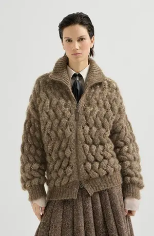Brunello Cucinelli Dazzling Zigzag Cables Cardigan In Mohair And Wool - Bark