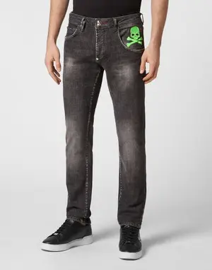 Philipp Plein Super Straight Cut Denim Trousers With Skull & Bones Detail - Fullmetal