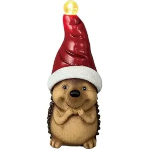 TRANSPAC Resin Led Hedgehog With Red Hat Decorative Figurine For Christmas - Multicolored