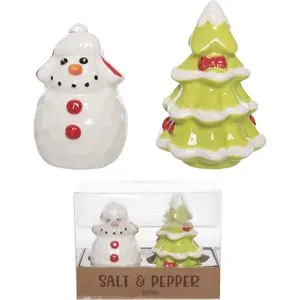 TRANSPAC Ceramic Snowman And Tree Salt And Pepper Shaker Set Multicolor - Multicolored
