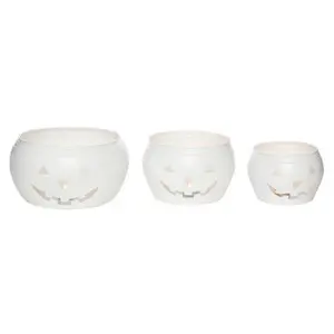 TRANSPAC Halloween Jack-o-lantern Tealight Candle Holder Set Of 3 - White