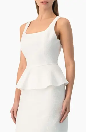 IVONNE Herringbone Jacquard Square-neck Sleeveless Peplum Top