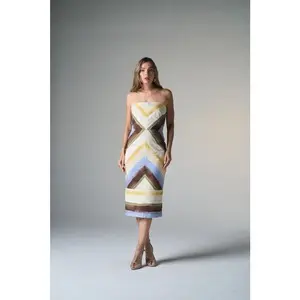 JBQ Audrey Strapless Fitted Midi Dress With Slit - Blue Multi