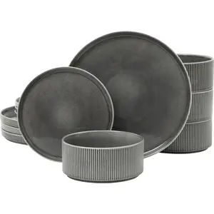 GIBSON ELITE Solana Coast 12-piece Reactive Glaze Embossed Stoneware Dinnerware Set - Black