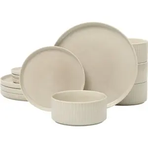 GIBSON ELITE Solana Coast 12-piece Reactive Glaze Embossed Stoneware Dinnerware Set Whie